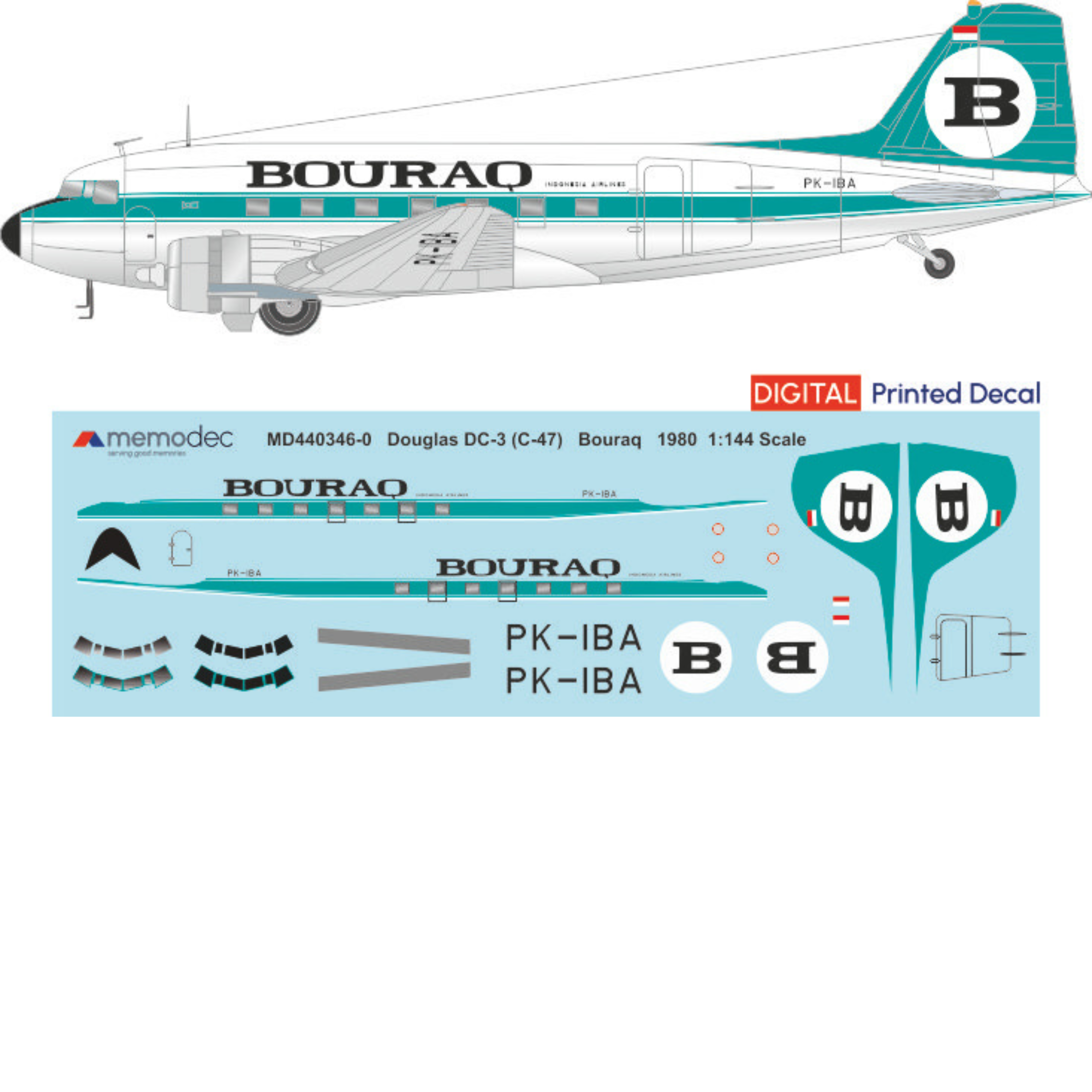 DC-3 (C-47) Bouraq Indonesia (1980) – Vintage Airline Decal – Memodec